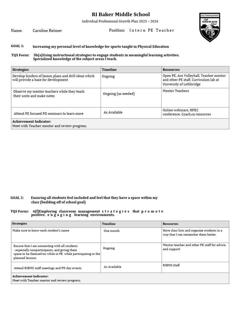 Caroline Reimer Professional Growth Plan | PDF | Mentorship | Physical ...