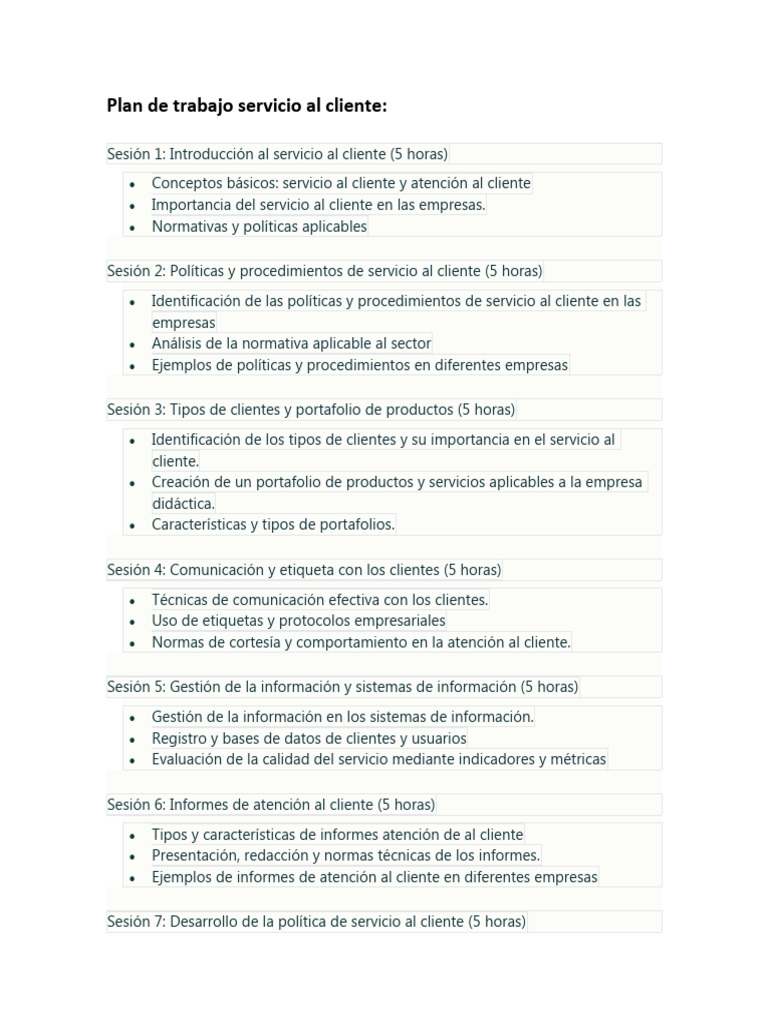 Plan de Trabajo Servicio Al Cliente | PDF | Servicio al Cliente | Calidad (comercial)