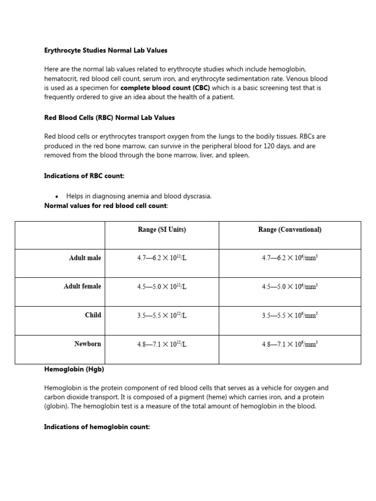 Lab Values | PDF | White Blood Cell | Red Blood Cell