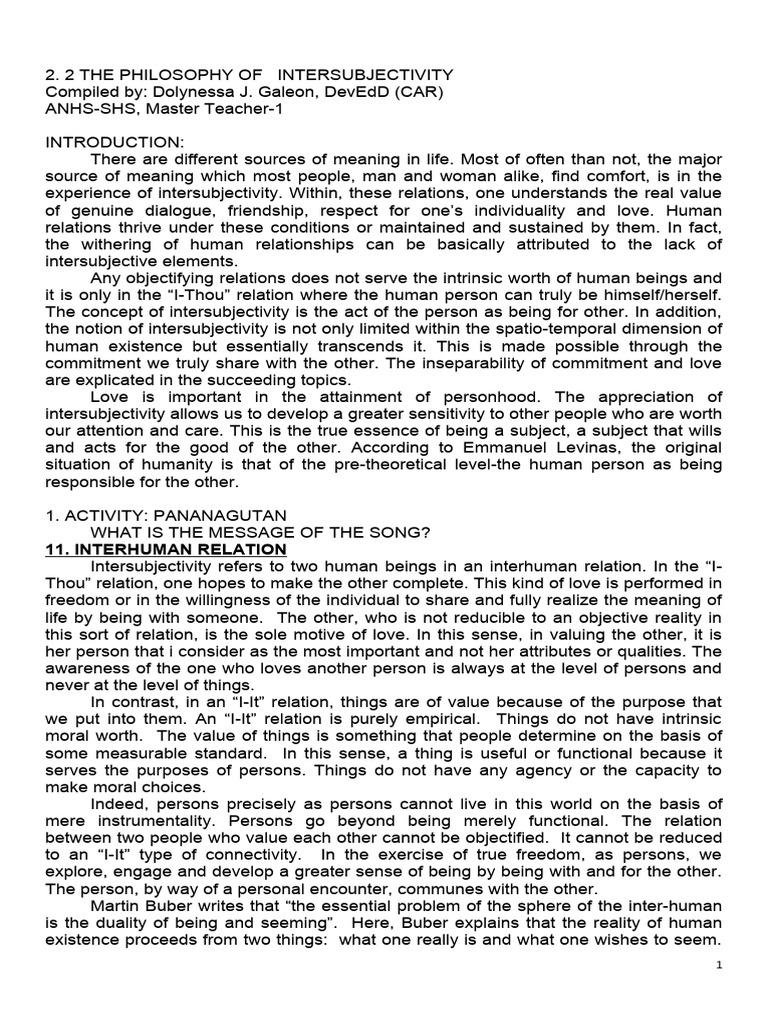 LESSON 2. 1 and 2 Philo of Intersubjectivity | PDF | Love | Justice