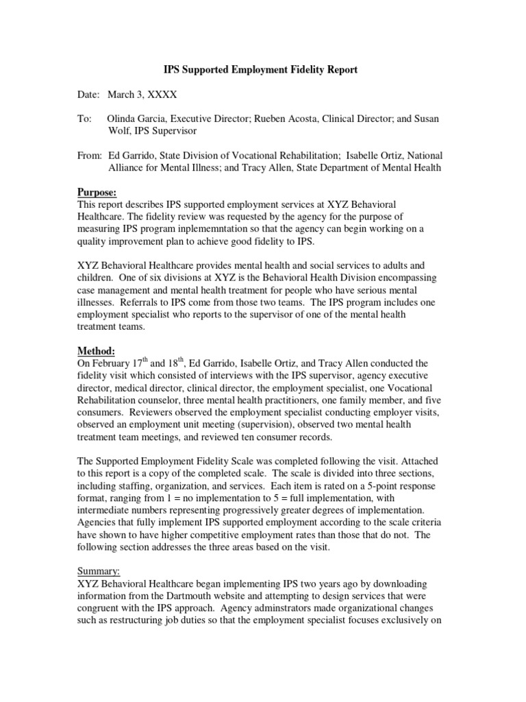 Sample Ips Se Fidelity Report | PDF | Substance Abuse | Employment