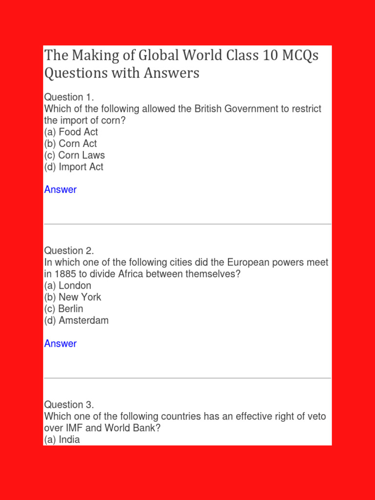 The Makingof Global World Class 10 MCQs Questionswit | PDF | United ...