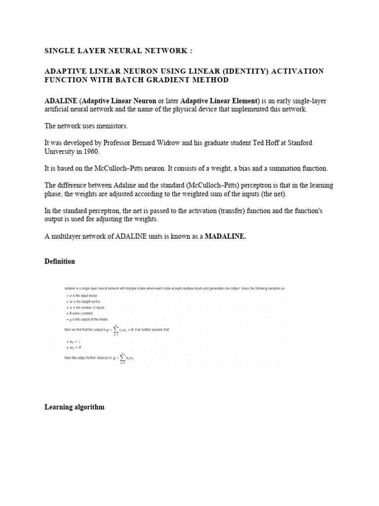 Adaptive Linear Neuron Using Linear (Identity) Activation Function With Batch Gradient Method ...