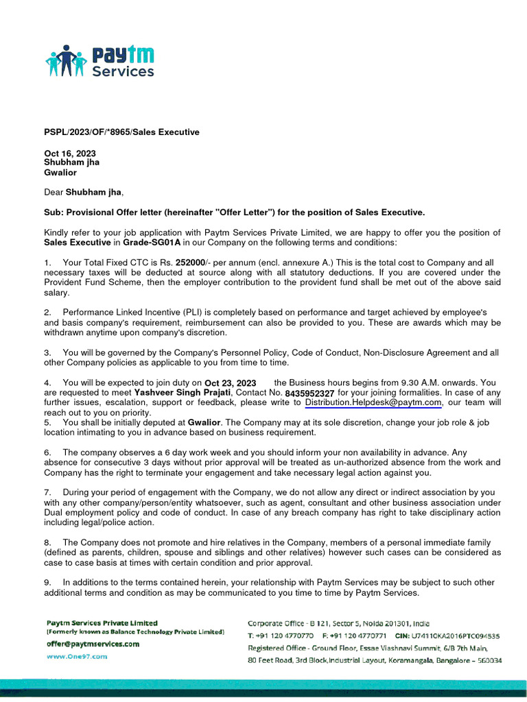 Offer Letter - Shubham Jha - CA1873346522 | PDF | Employment | Salary