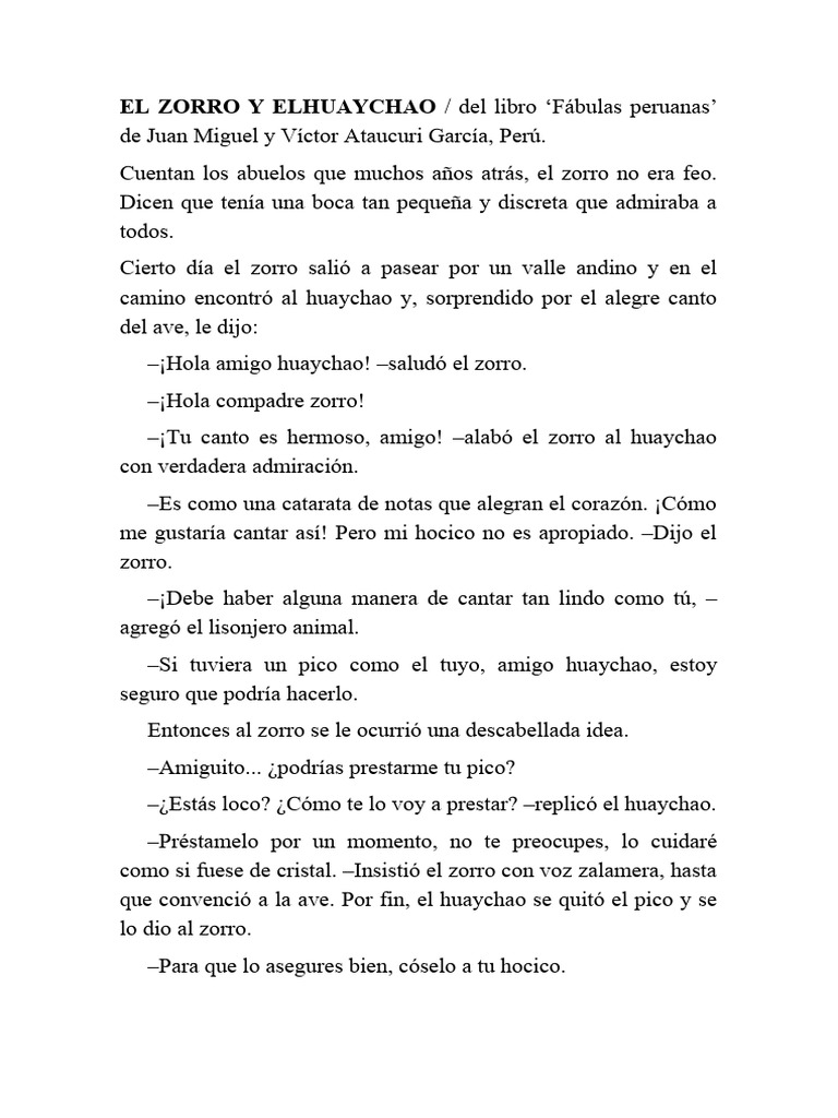 Libreto Teatral Escolar: El Zorro y El Huaychao | PDF | Poesía