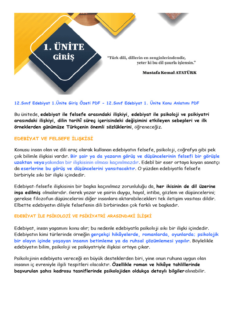 12. Sınıf TDE 1. Ünite (Giriş) Notları, Özet pdf | PDF