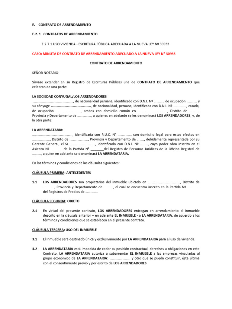 Modelo de contrato de alquiler con la Ley de Desalojo con Competencia Notarial | PDF | Arbitraje ...