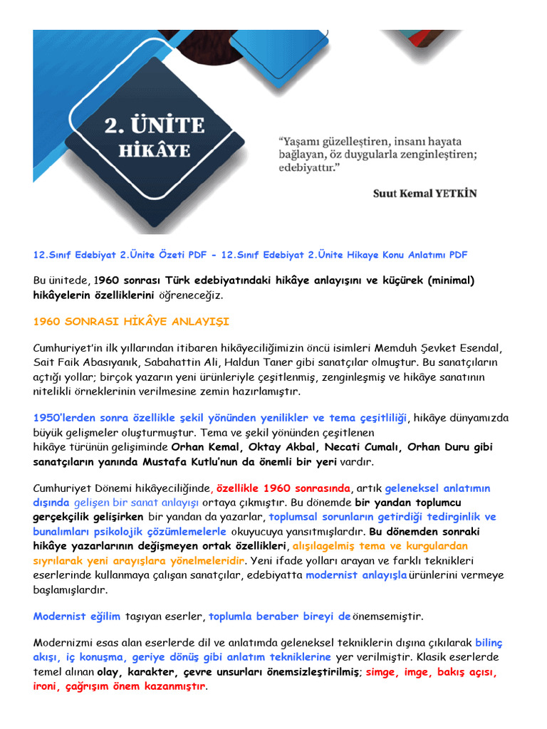 12. Sınıf TDE 2. Ünite Notları, Özet pdf (1) | PDF