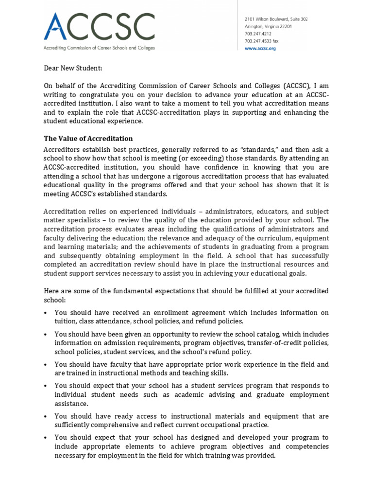 ACCSC New Student Letter | Download Free PDF | Employment | Behavior ...