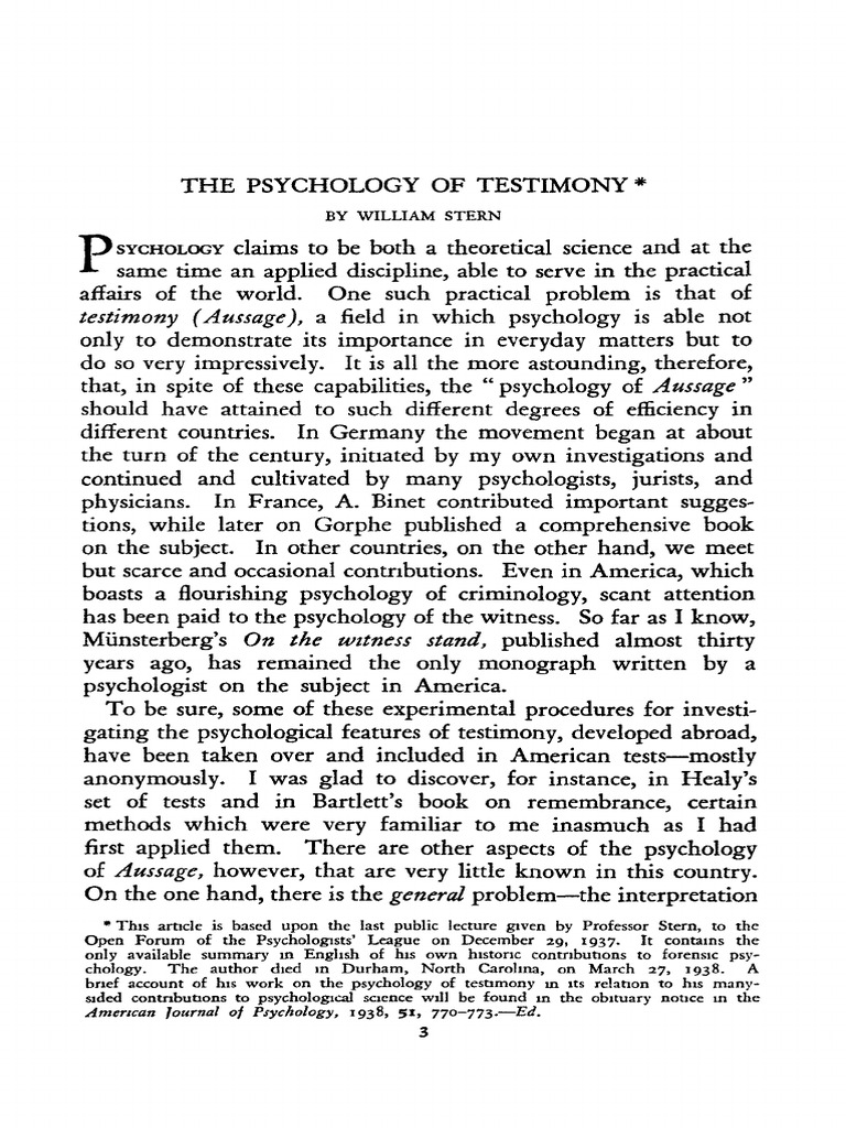 Stern (1939) The Pscyhology of Testimony | PDF | Witness | Psychology