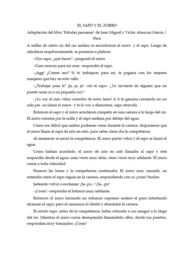 Fábula peruna EL SAPO Y EL ZORRO | PDF