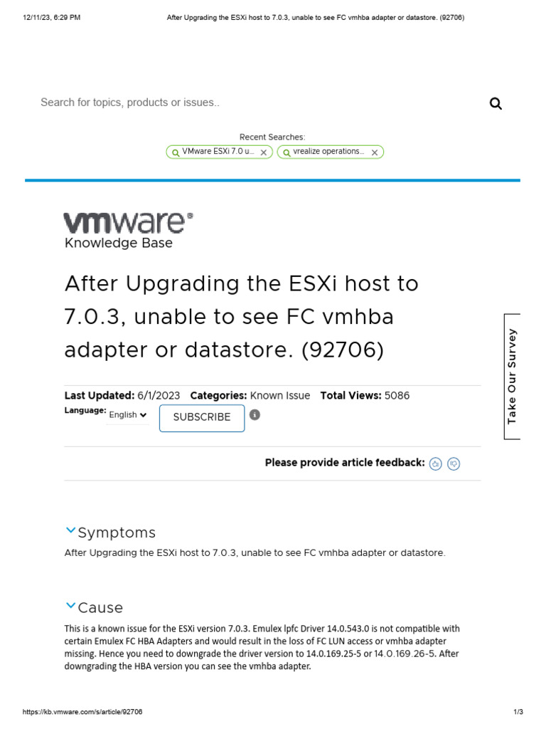 After Upgrading The ESXi Host To 7.0.3, Unable To See FC Vmhba Adapter or Datastore. (92706 ...