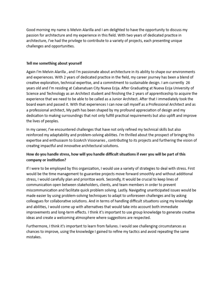 Interview Script Sample | PDF | Architect | Leadership