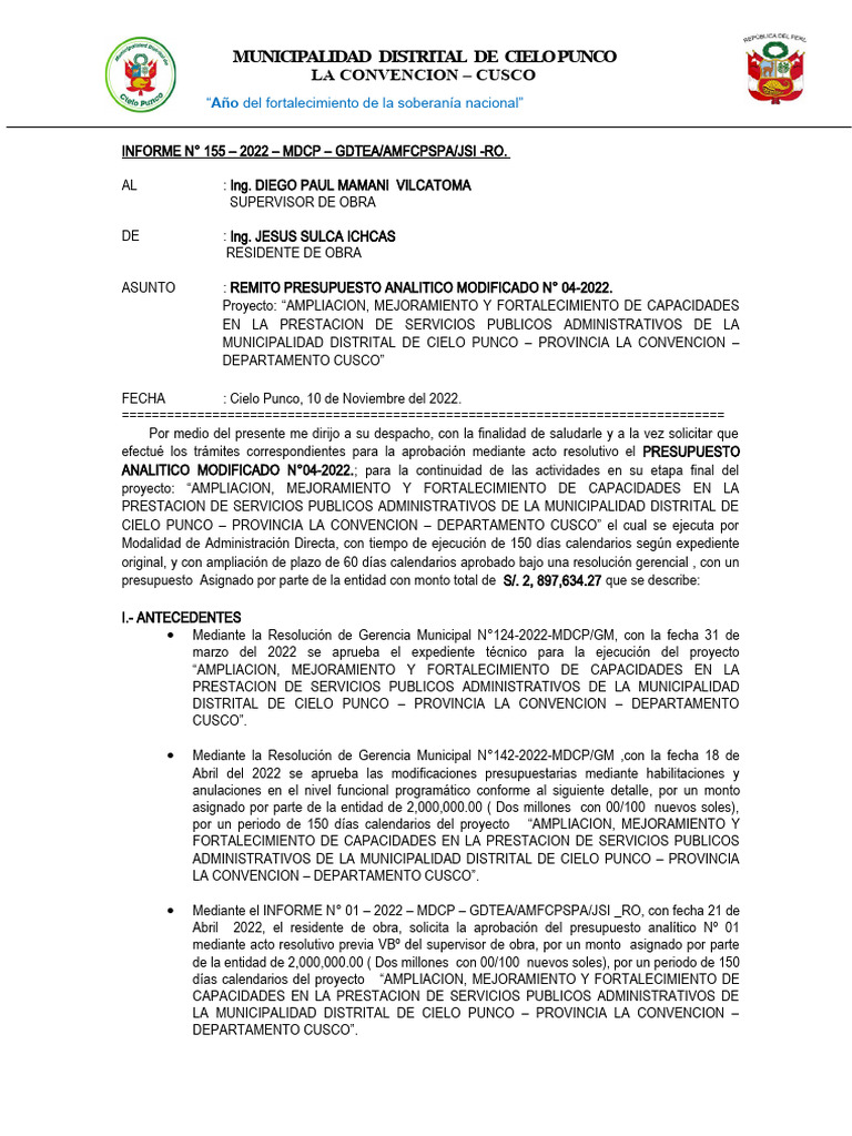 Informe N°155 Analitico | Descargar gratis PDF | Presupuesto