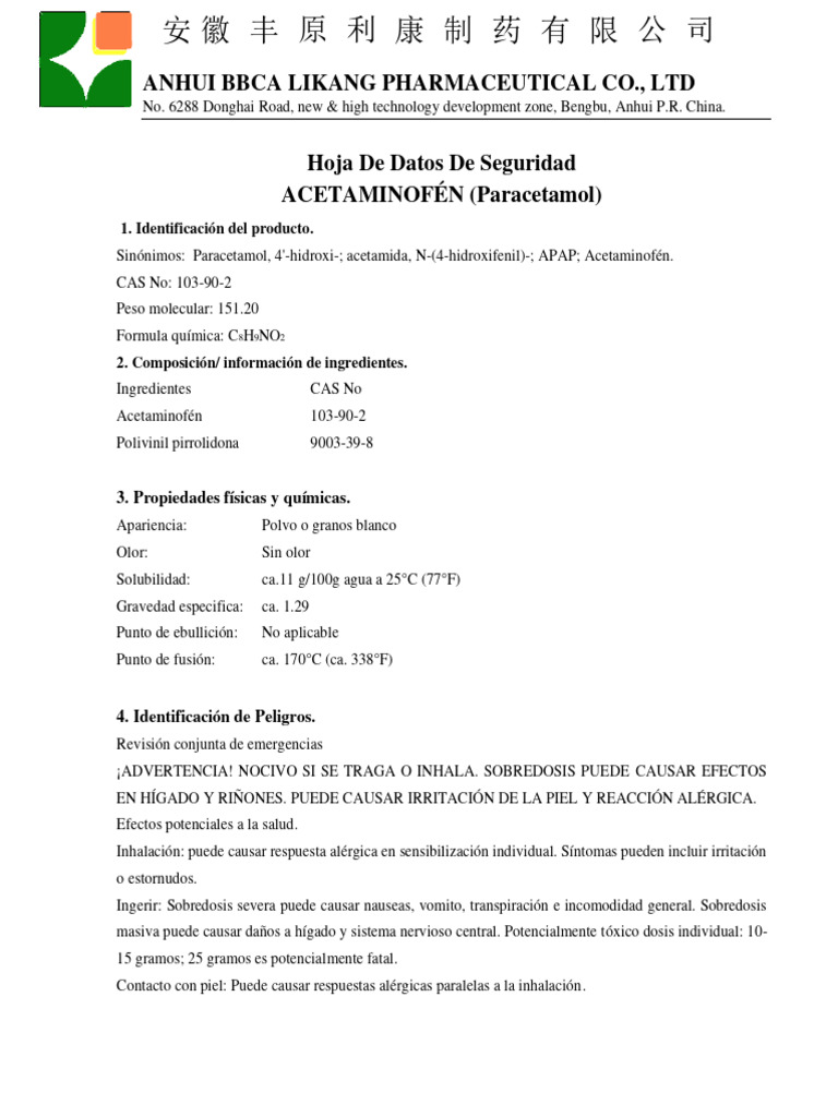 MSDS Acetaminofen ESP REV | PDF | Dióxido de carbono | Agua