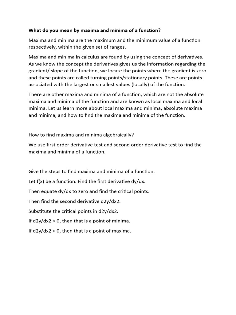 What Do You Mean by Maxima and Minima of A Function | PDF | Calculus ...