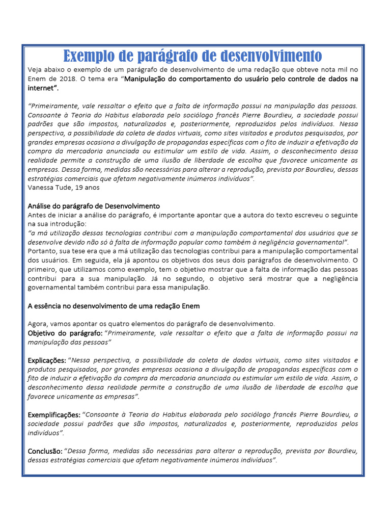 Exemplo de Parágrafo de Desenvolvimento | PDF | Sociologia | Informação Exemplo de Parágrafo de Desenvolvimento | PDF | Sociologia | Informação