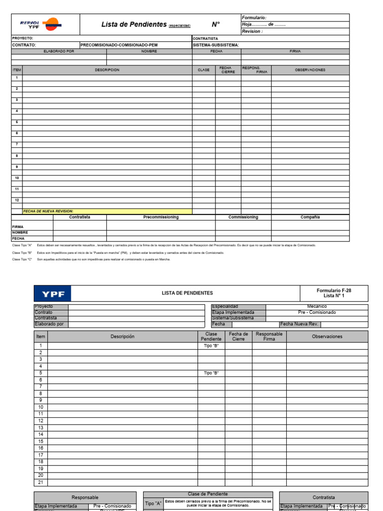 Formulario F-28 Lista de pendientes | PDF