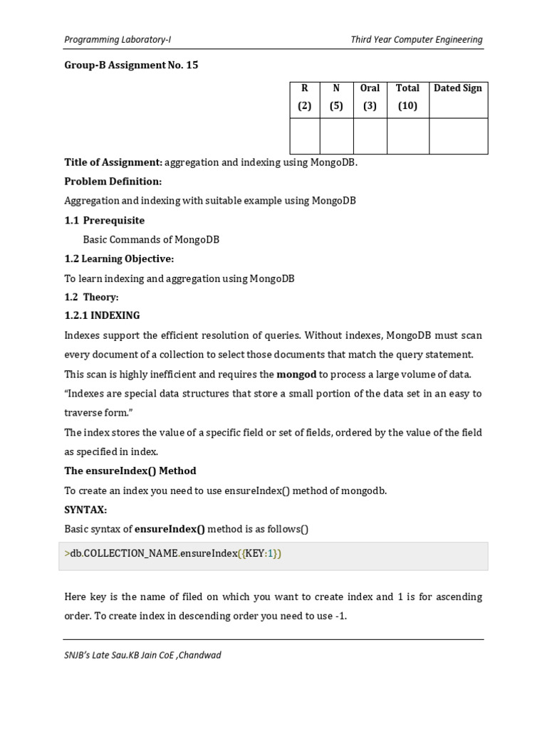 Mongodb Aggregation And Indexing Group B Assignment 15batch 1 Pdf Database Index Boolean
