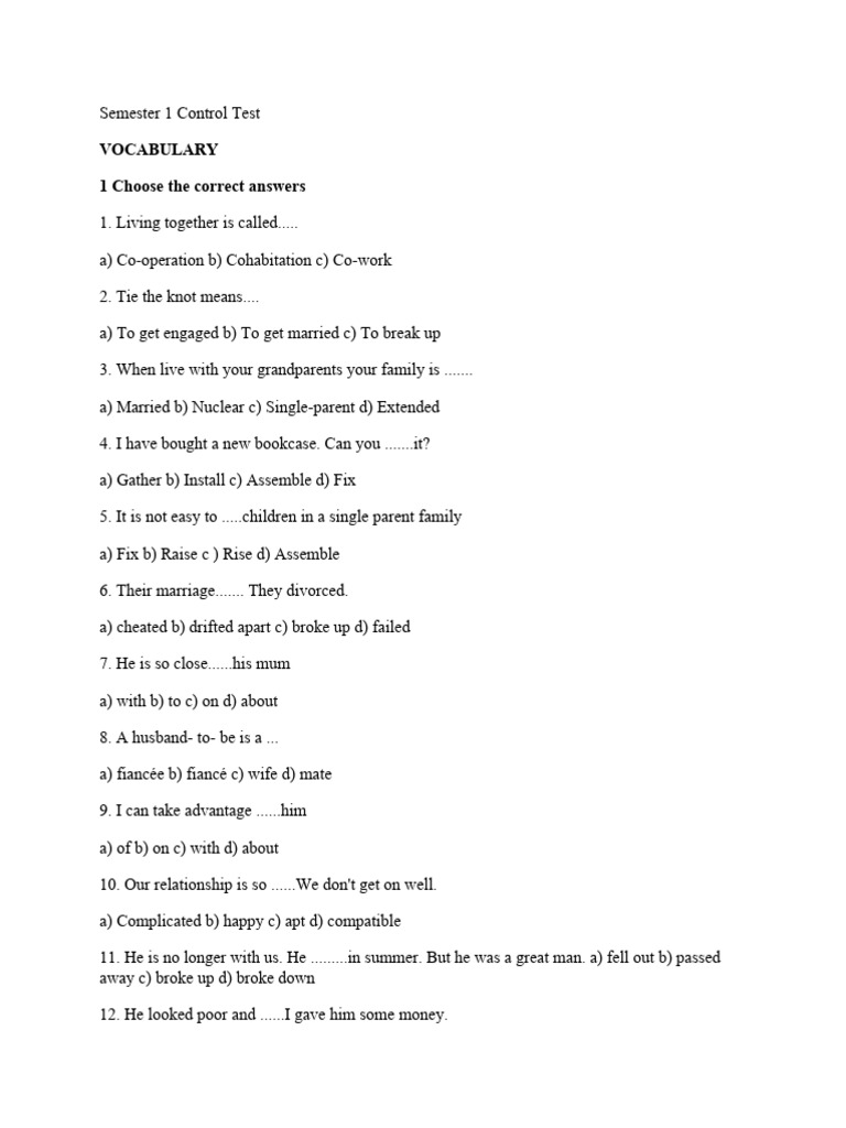 Semester 1 Control Test 11 | PDF | Family | Social Institutions
