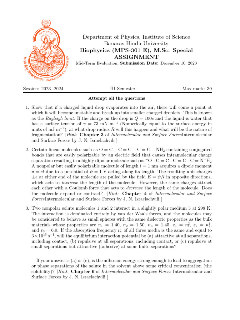 Assignments Biophysics 2 | PDF | Solubility | Intermolecular Force