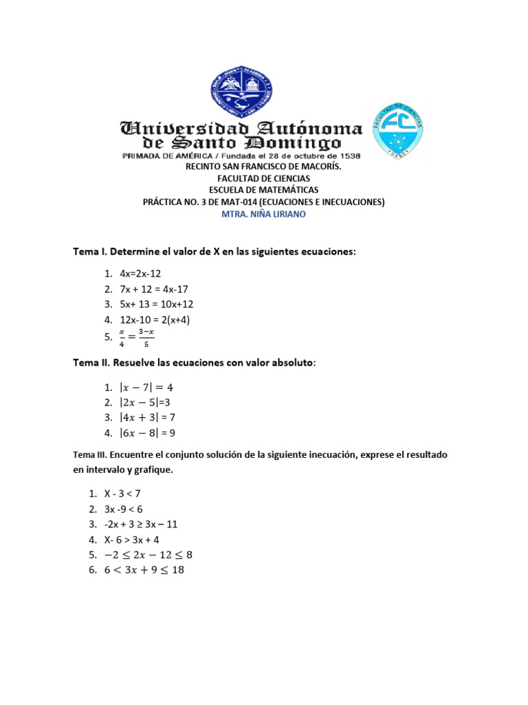 Práctica de Ecuaciones e Inecuaciones | PDF