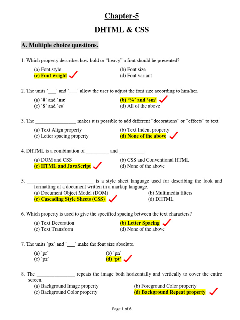 Chapter-5 DHTML & CSS: A. Multiple Choice Questions | PDF | Dynamic Html | Typefaces