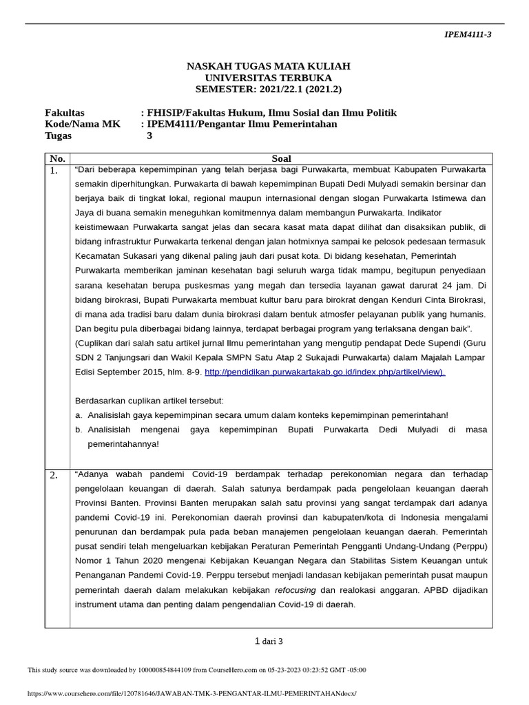 Jawaban TMK 3 Pengantar Ilmu Pemerintahan | PDF