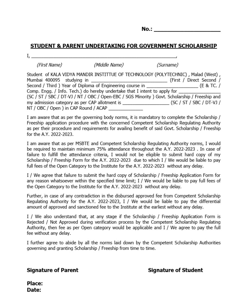 Scholarship Undertaking Form | PDF