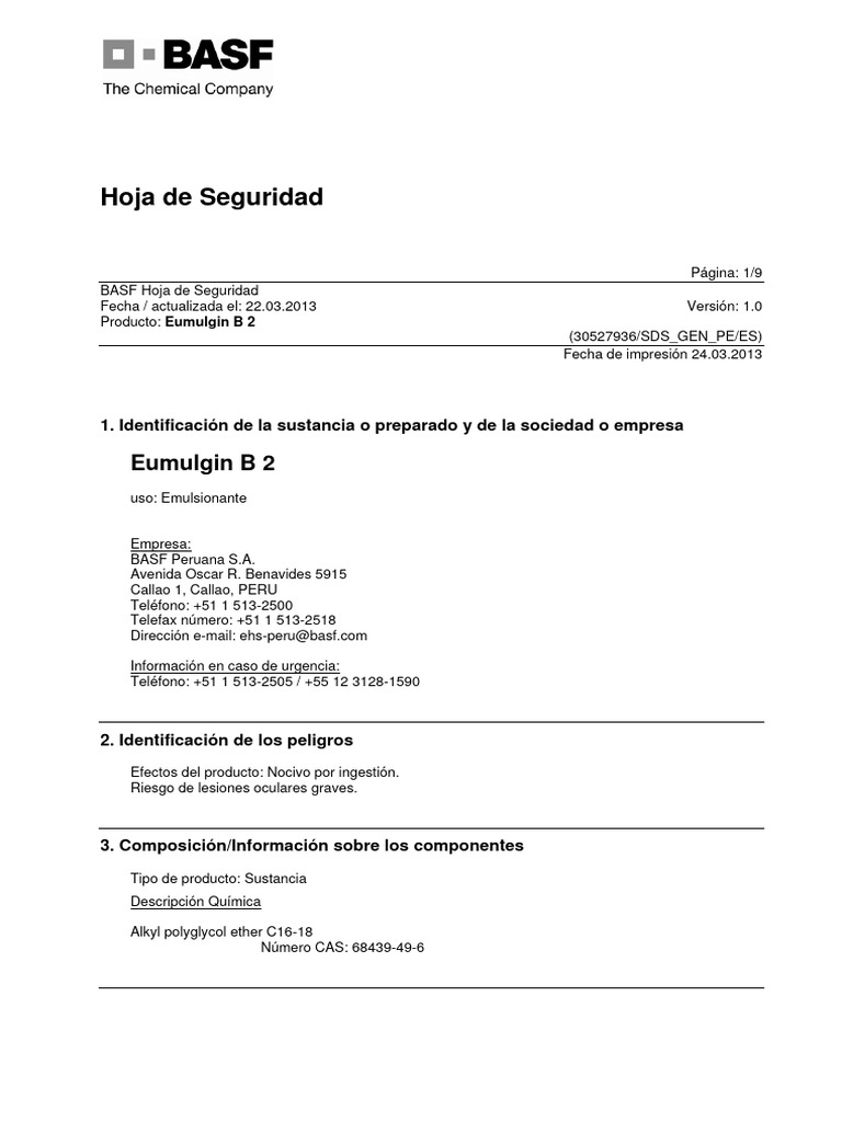 Eumulgin B 2 MSDS BASF | PDF | Agua | Química