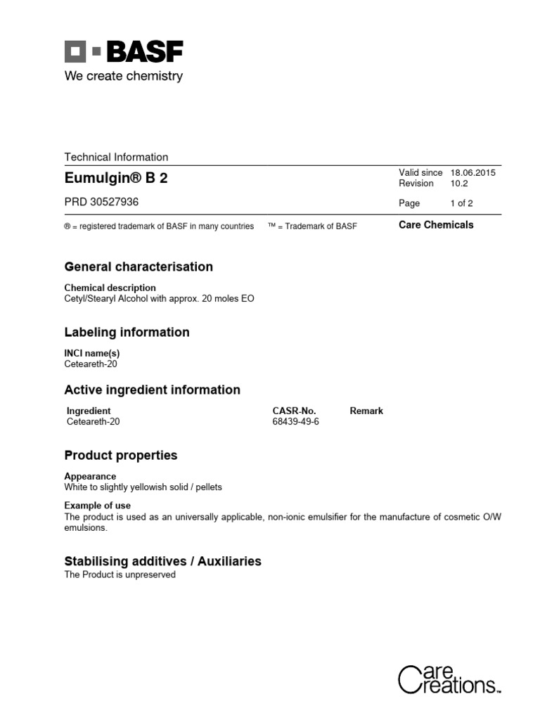 EUMULGIN B2Technical Information - EN BASF | PDF | Trademark | Implied Warranty