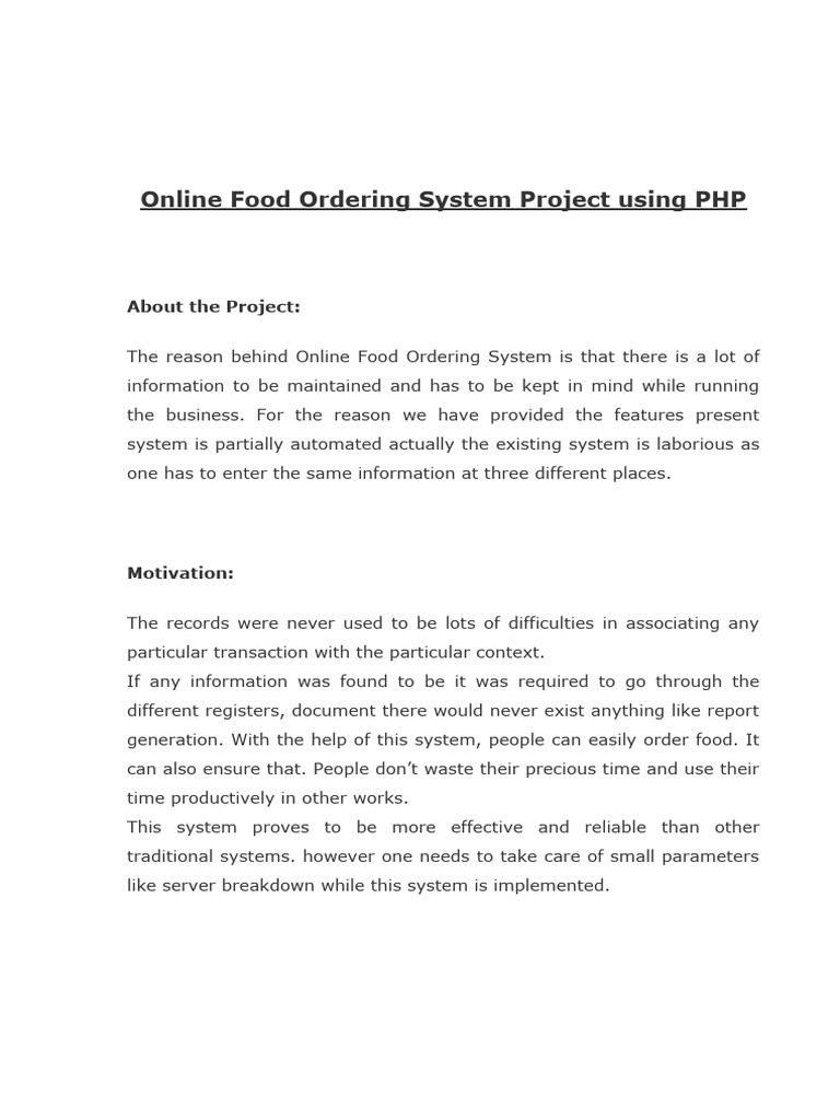 Online Food Ordering System Project Using PHP | PDF | Databases | Php