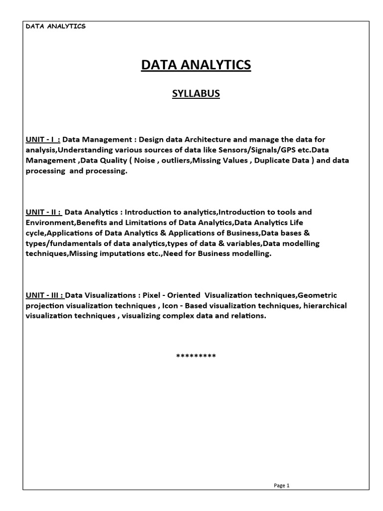DATA ANALYTICS Syllabus 3 Units | PDF | Data Analysis | Analytics