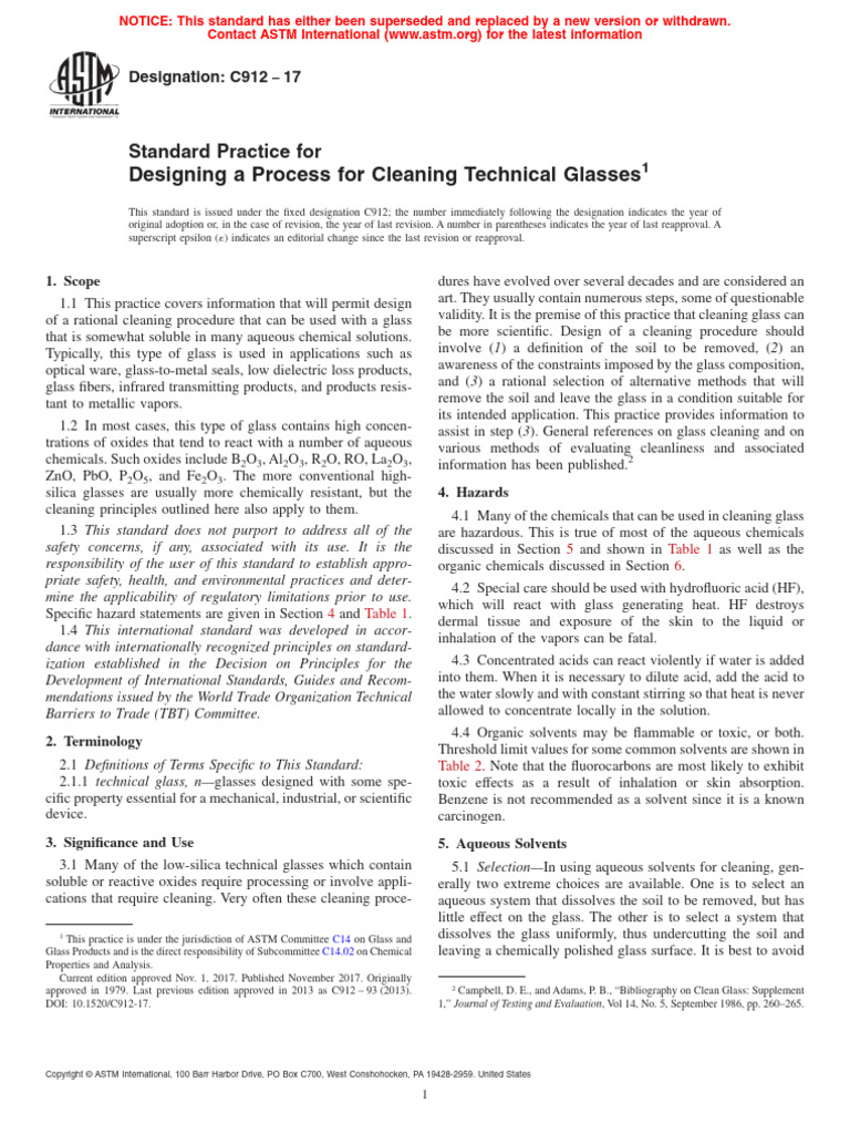 C912-17 Standard Practice For Designing A Process For Cleaning ...