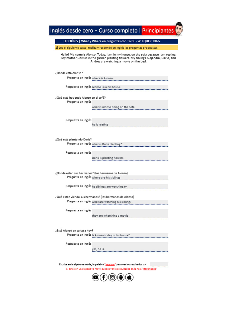 Leccion 5 What y Where WH Questions | PDF