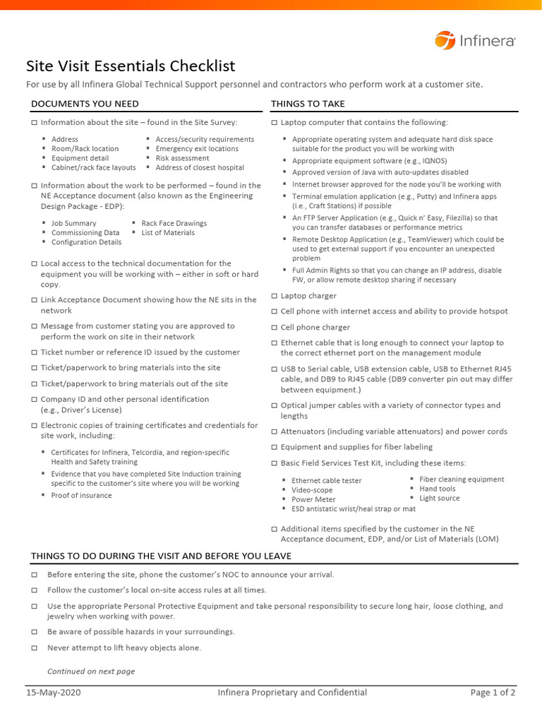 Site Visit Essentials Checklist | PDF | Optical Fiber | Internet