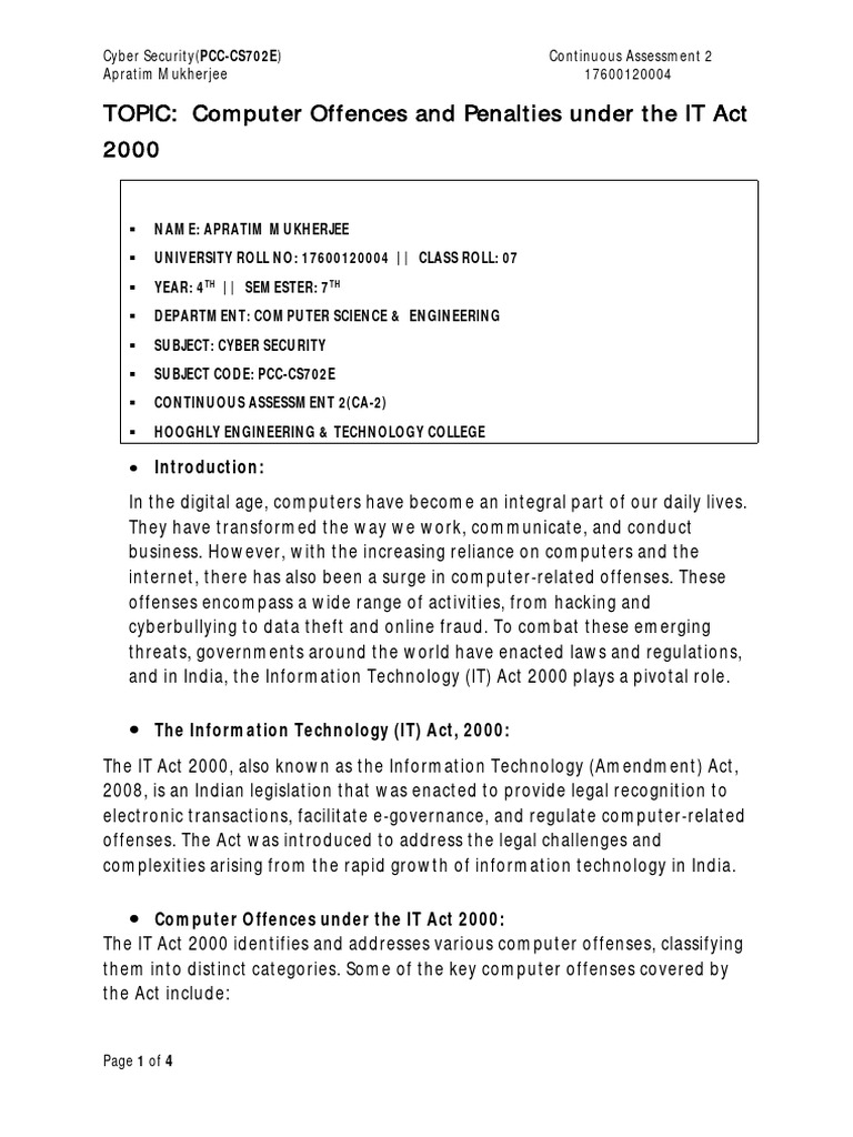 TOPIC: Computer Offences and Penalties Under The IT Act 2000 | PDF ...