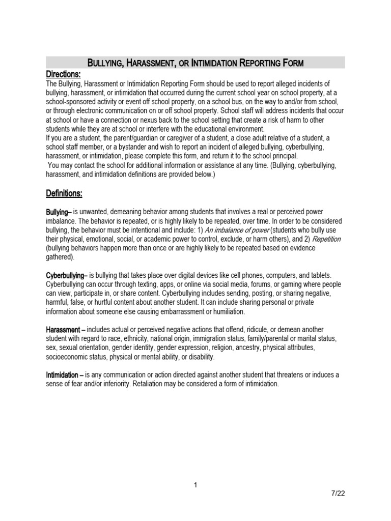 Bullying Reporting Form English | PDF | Cyberbullying | Bullying