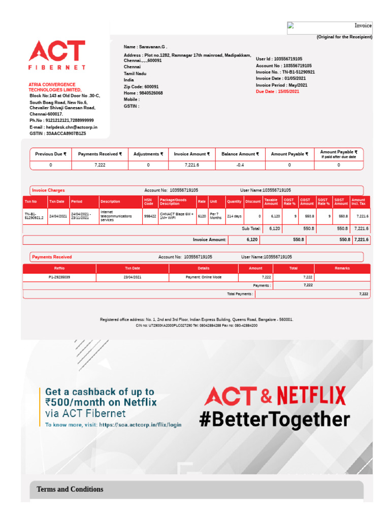 Act Internet Invoice | PDF | Invoice | Cheque
