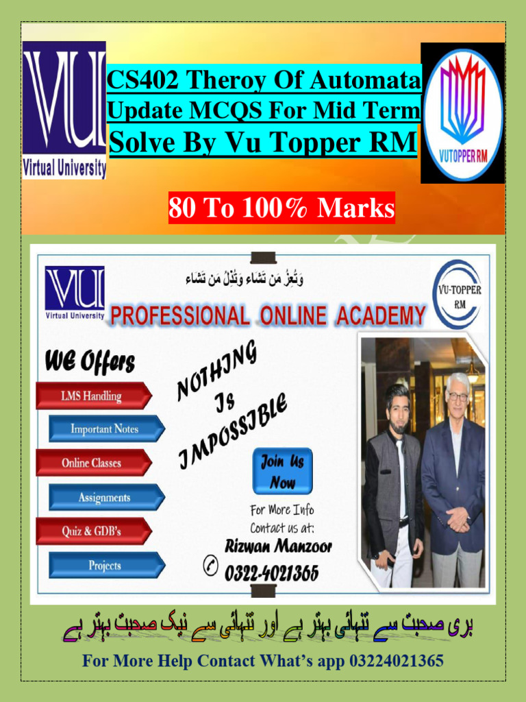 CS402 Mcqs MidTerm by Vu Topper RM | PDF | Theory Of Computation | Computer Science