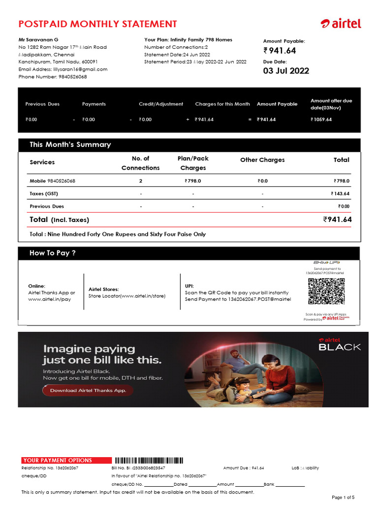 Airtel Bill - Jun | PDF | Cheque | Credit Card