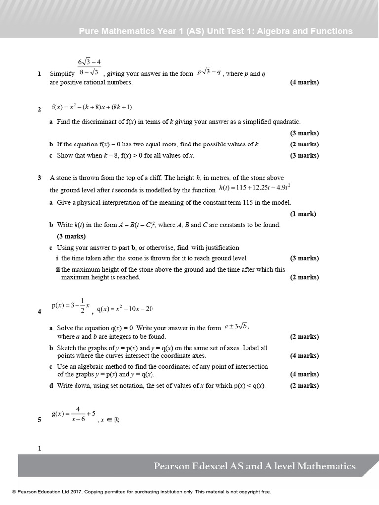 Alevel Ut p1 U1 Test | PDF | Equations | Function (Mathematics)