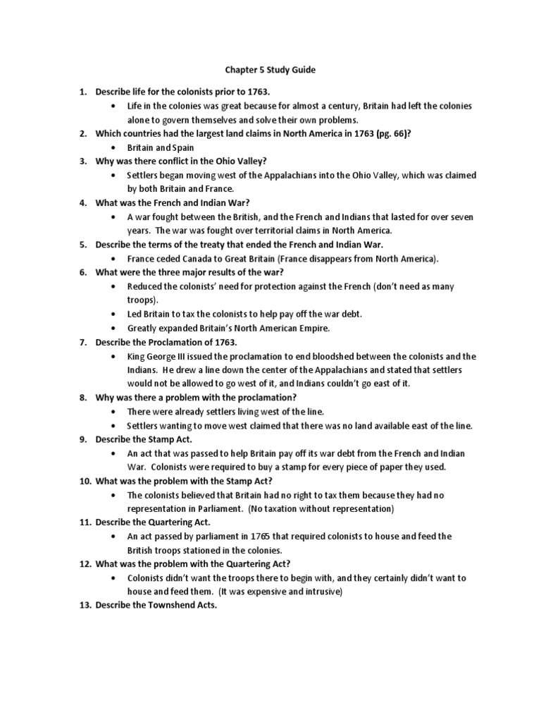Chapter 5 Study Guide and Answers | PDF | Thirteen Colonies | French ...