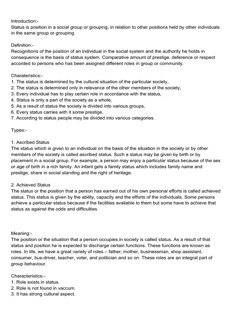 Status and Role | PDF | Society | Behavioural Sciences