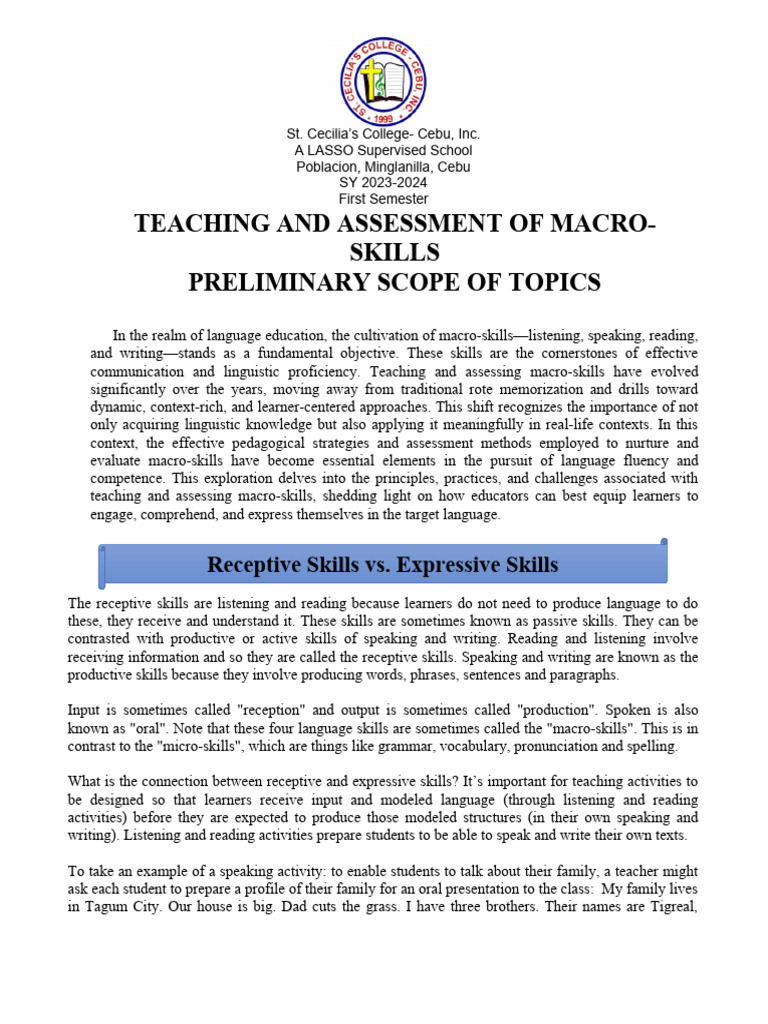 Teaching and Assessment of Macro Skills Preliminary Term Scope | PDF ...