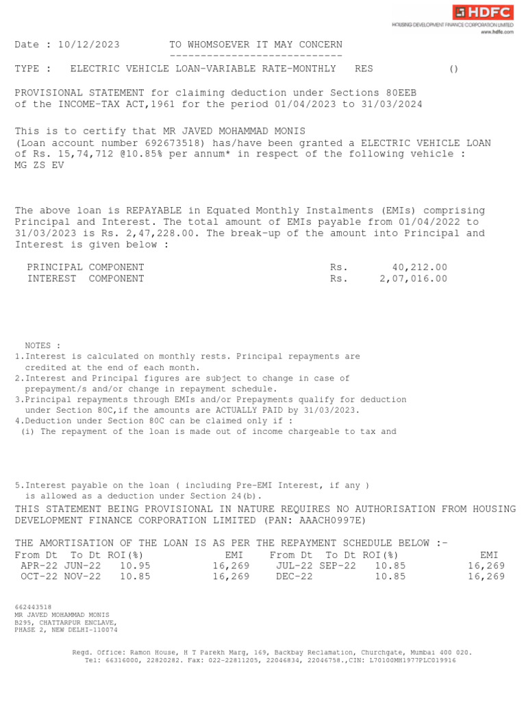EV Loan Interest Certificate for Tax Deduction | PDF | Loans | Tax ...