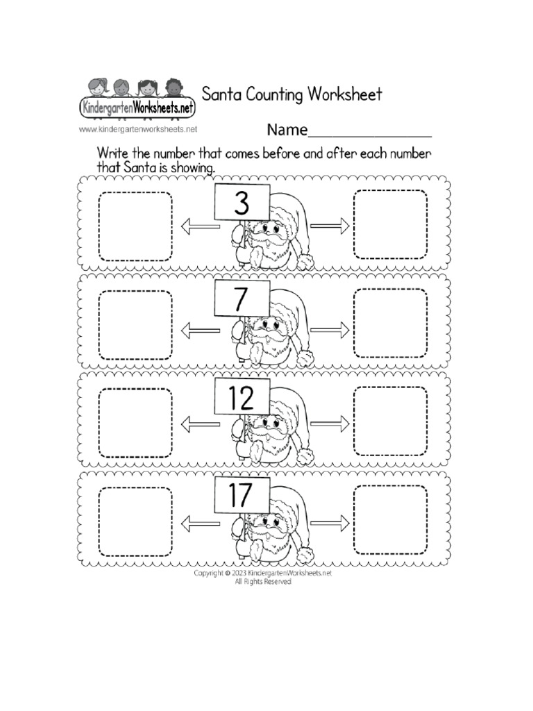 Kindergarten Santa Counting Worksheet Printable | PDF