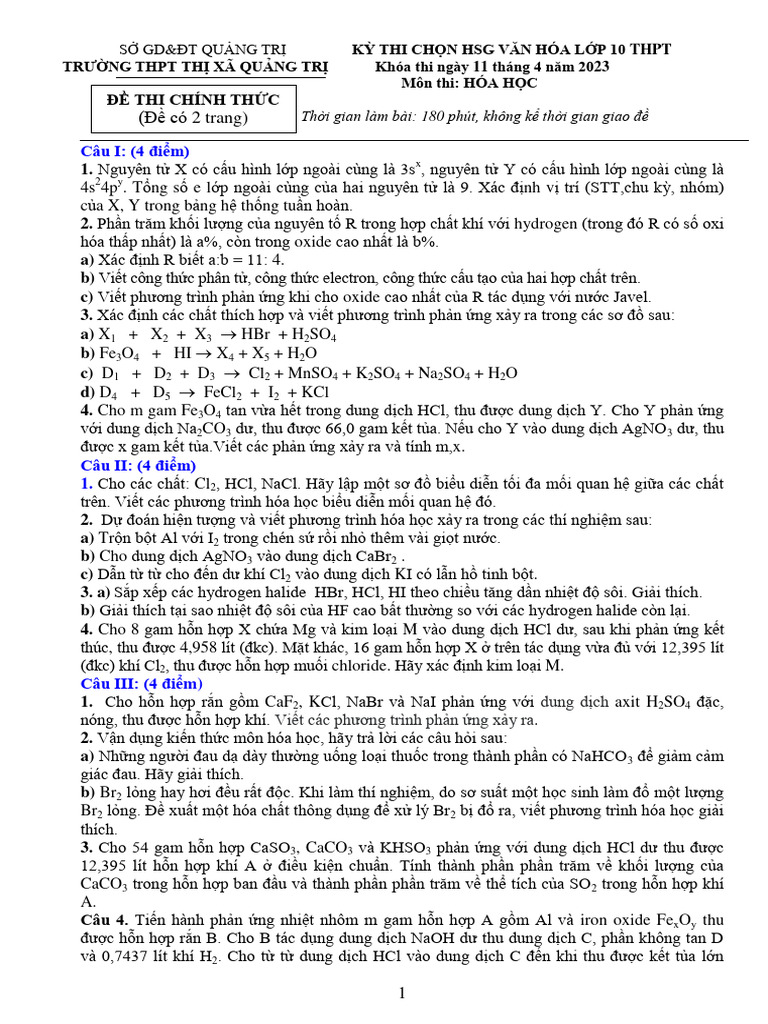 De Hoc Sinh Gioi Hoa Hoc 10 Nam 2022 2023 Truong THPT Thi Xa Quang Tri | PDF