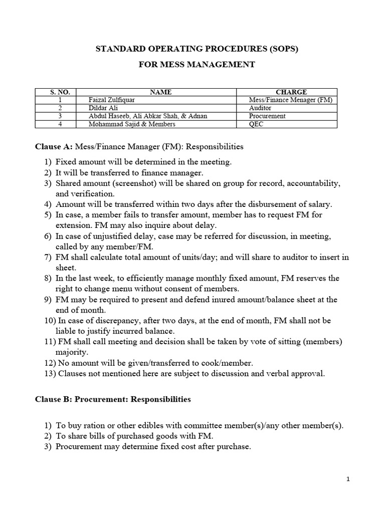 Standard Operating Procedures For Mess Management | PDF | Economies ...
