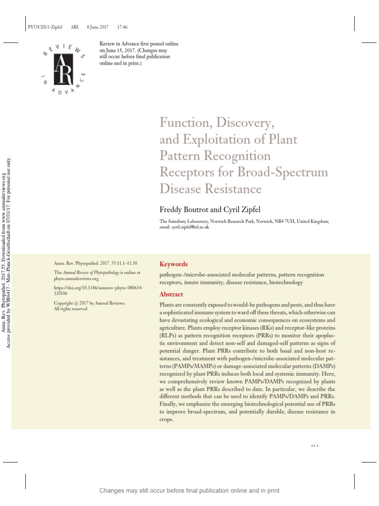 Boutrot and Zipfel 2017 - Function, Discovery, and Exploitation of Plant Pattern Recognition ...